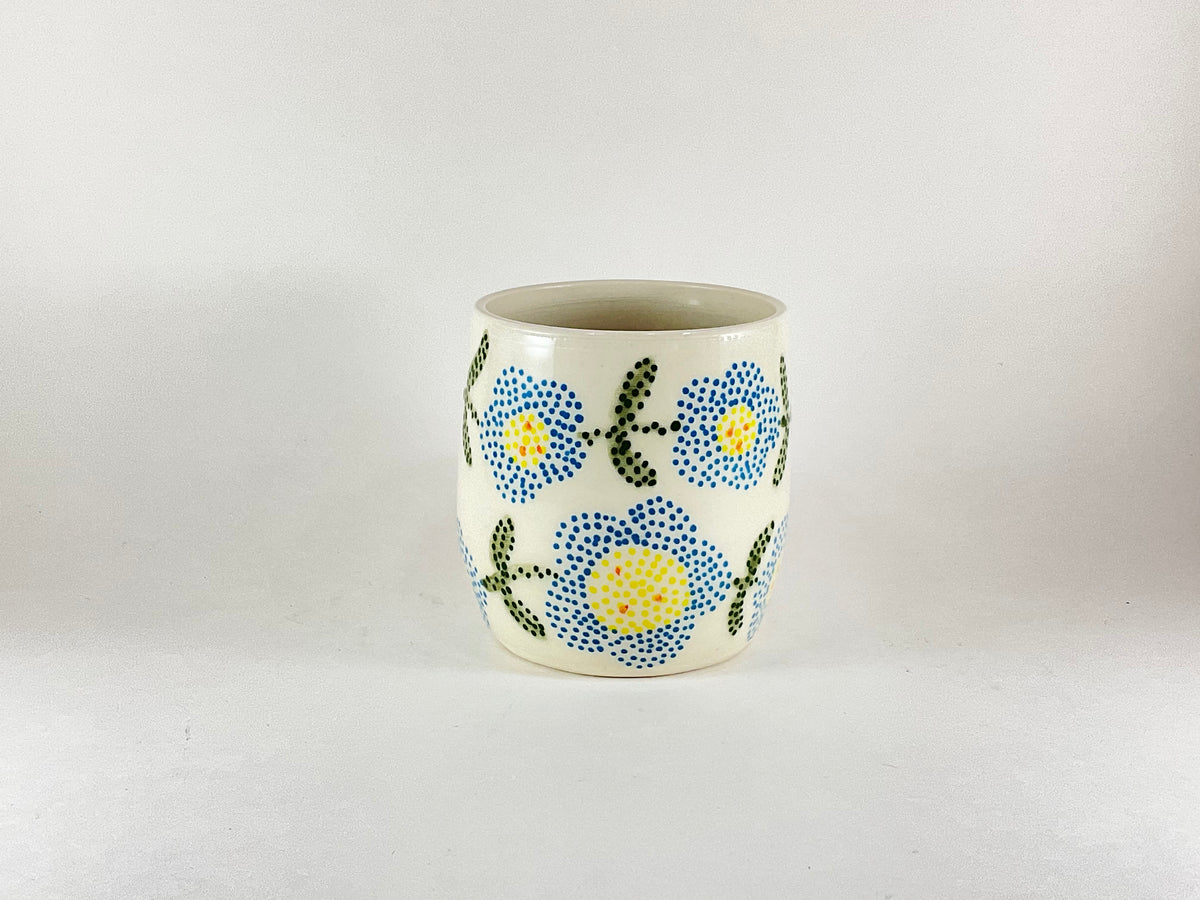 Handmade handpainted small ceramic cup with blue flower blossoms ...