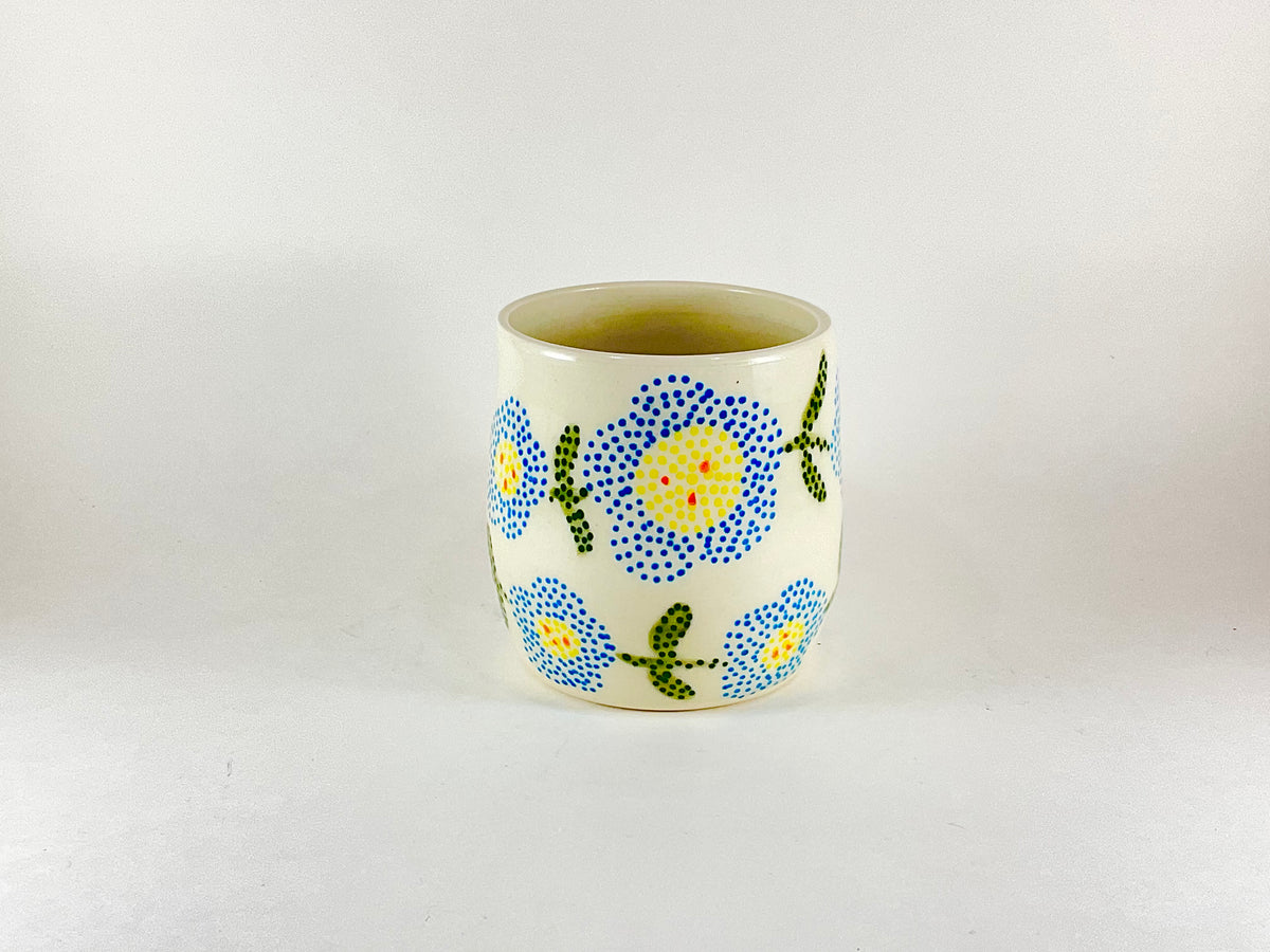 Handmade handpainted small ceramic cup with blue flower blossoms ...